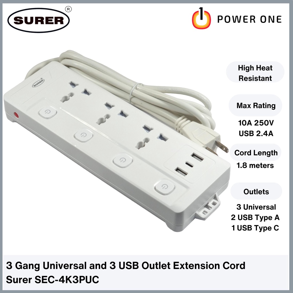 SURER 3 Gang Universal and 3 USB Outlet (2 Type A + 1 Type C) Extension ...
