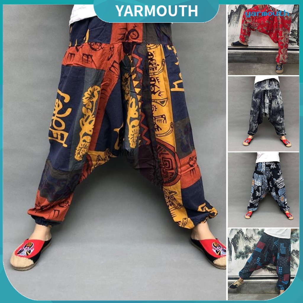 YYR--Men Pants Print Loose Vintage Ethnic Style Deep Crotch Dance ...