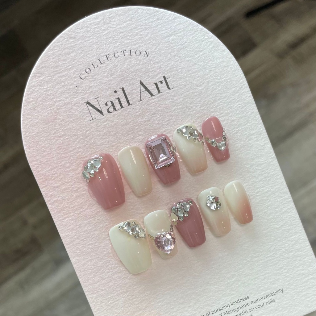 [HANDMADE]Artificial Nail Light Luxury Pink Diamond Bean Paste Color ...