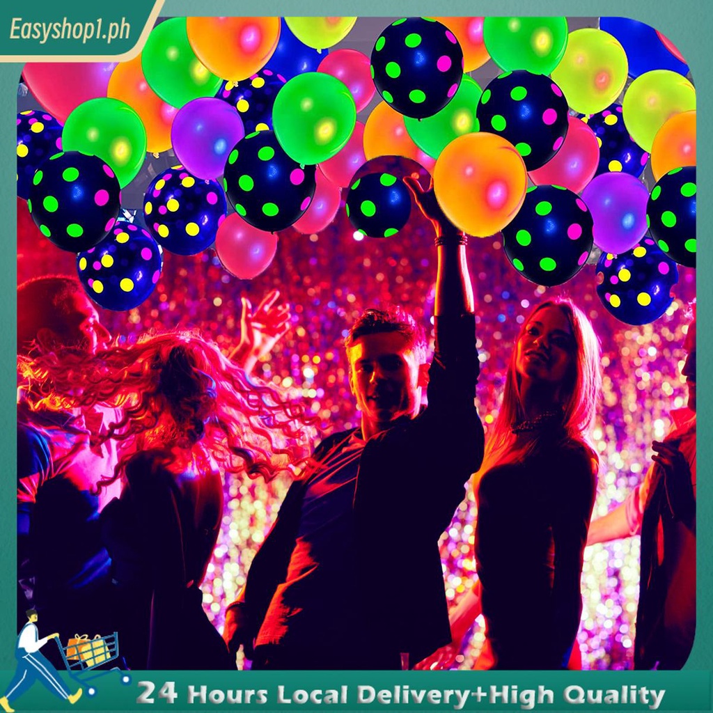 90Pcs 12'' UV Neon Glow Balloons Reusable Polka Dot Blacklight Reactive ...