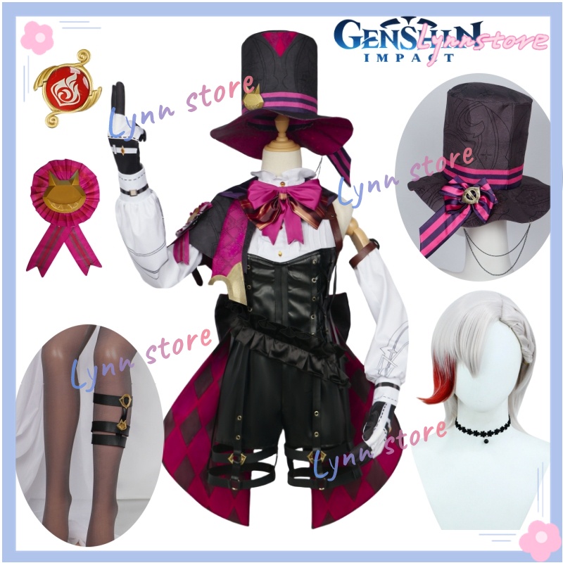 Genshin Impact Lyney Cosplay Costume+Wig+Hat+Gloves+Cloak Set Fontaine ...