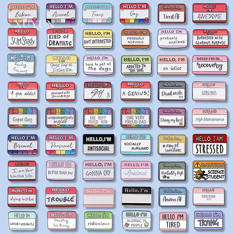 50 Styles Creative Hello I'm Text Labels Enamel Pins Famous Quotes ...