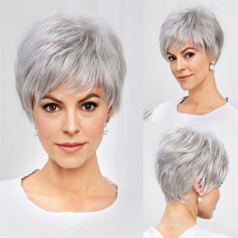 New Hot Selling Wig Women's Granny Grey Side Split Short Straight Hair ...