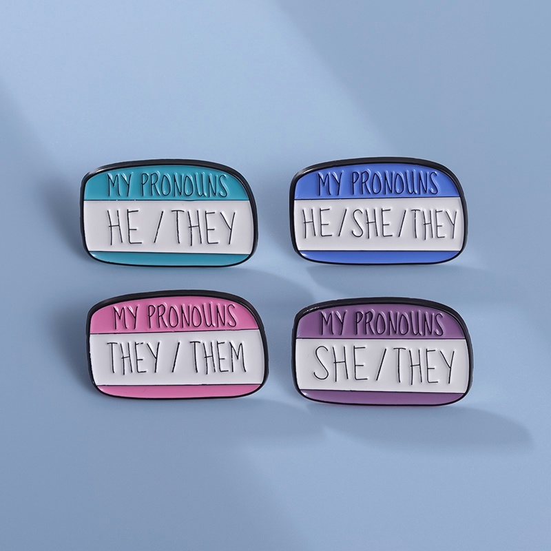 Cartoon My Pronouns He/She/They Enamel Pin Brooches Letter Text Quotes ...