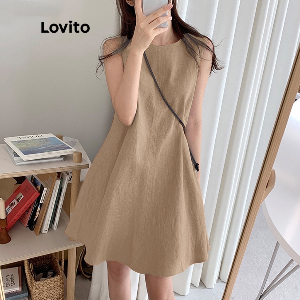 Lovito Casual Plain Round Neck Sleeveless A Line Midi Dress For Women