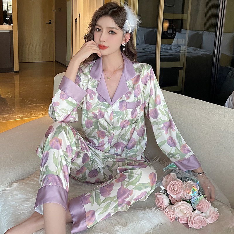 Four Seasons New Women's Pajamas Purple Tulip Long Sleeve Pants Silk ...