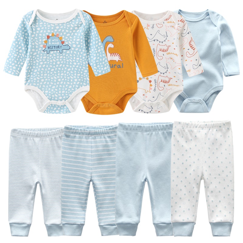 8Pieces Cotton Bodysuits+Pants Baby Boy Clothes Newborn Long Sleeve ...