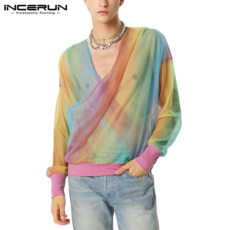 INCERUN Men Vintage Gradient Mesh Sheer Swing Neck Hooded Long Sleeve T ...