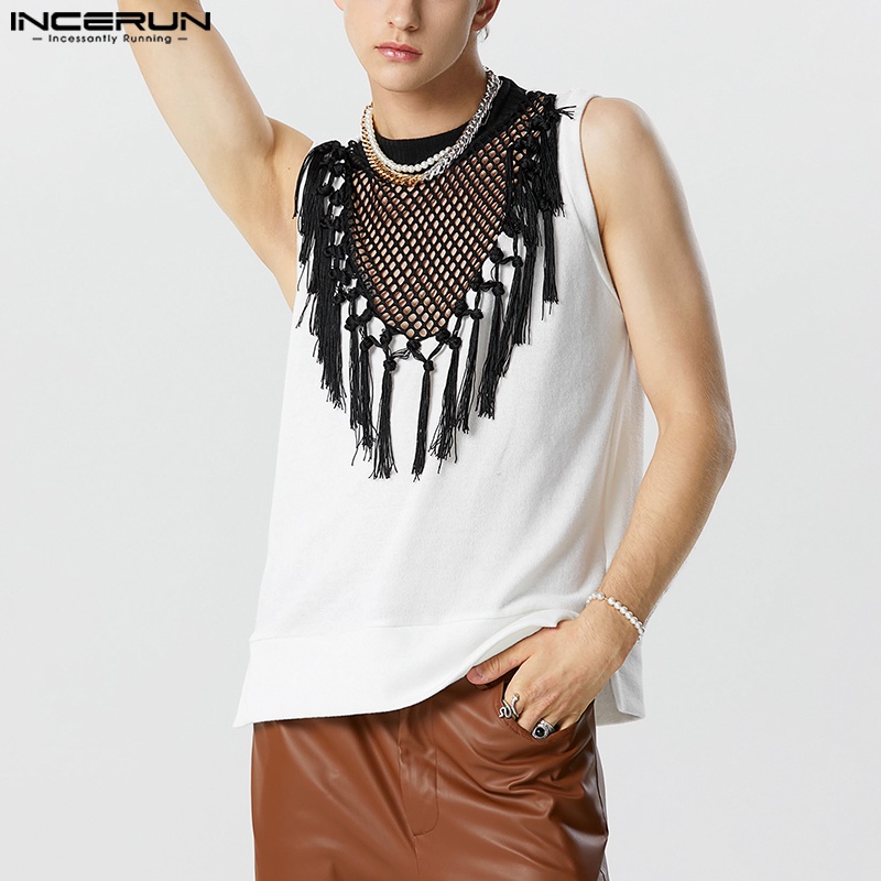 INCERUN Men Vintage Mesh Cutout Fringe Sleeveless Knitted Tanks ...