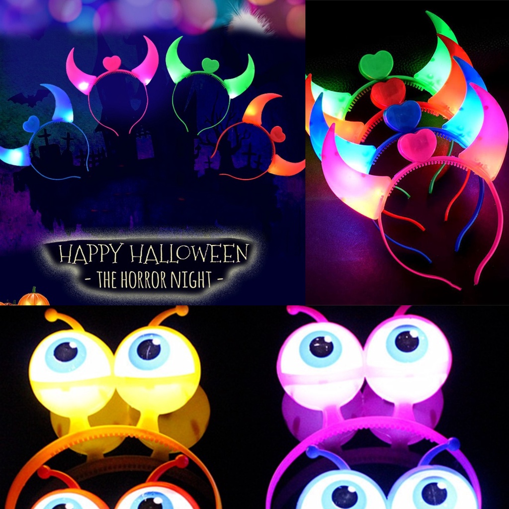 Halloween Glowing Devil Horn Headwear Flash Eyeball Headband LED Hair ...