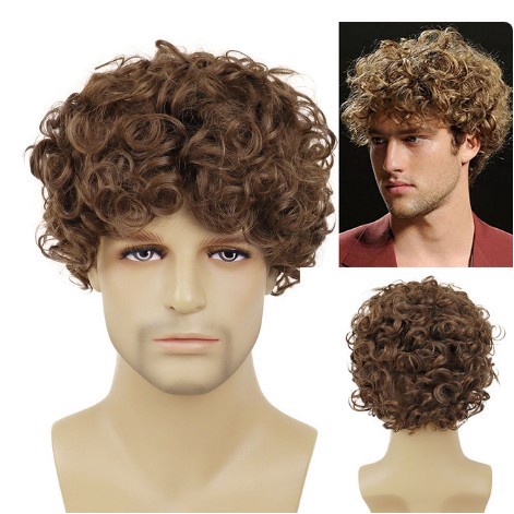 Men's wig African curly brown fluffy synthetic fiber headband brown ...