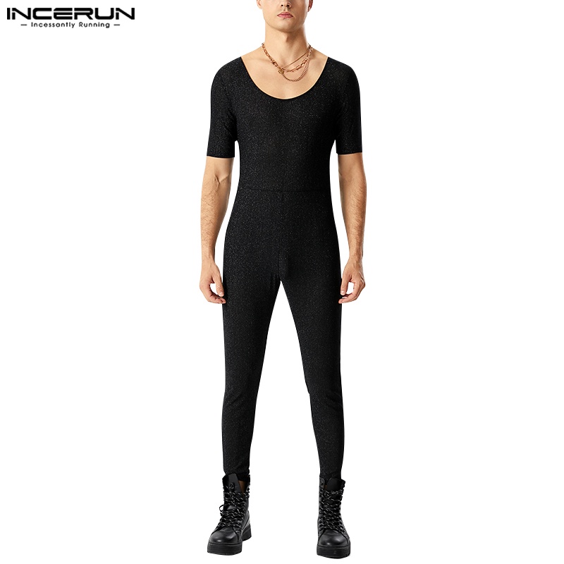 INCERUN Men Mesh Glitter See-Through U Neck Short Sleeve Jumpsuits ...