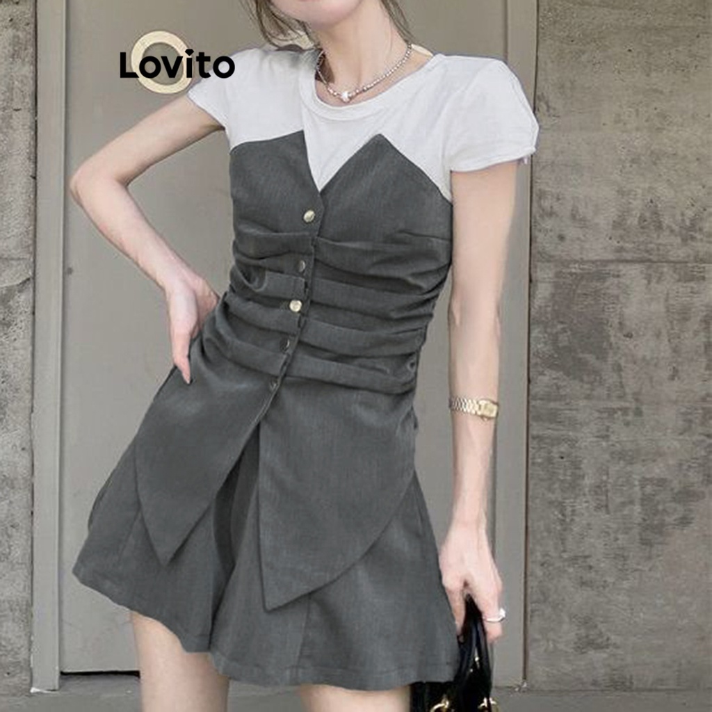 Lovito Elegant Plain Colorblock Shorts Set for Women LNE16212 (Grey ...