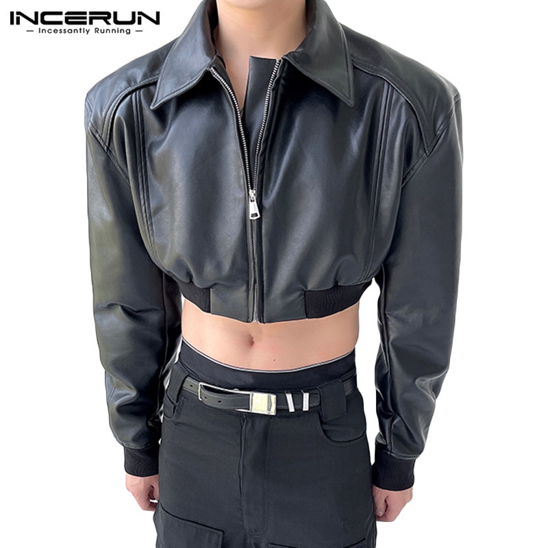 INCERUN Men's Zipper Shoulder Pad Wide Shoulder Short Leather Jacket ...