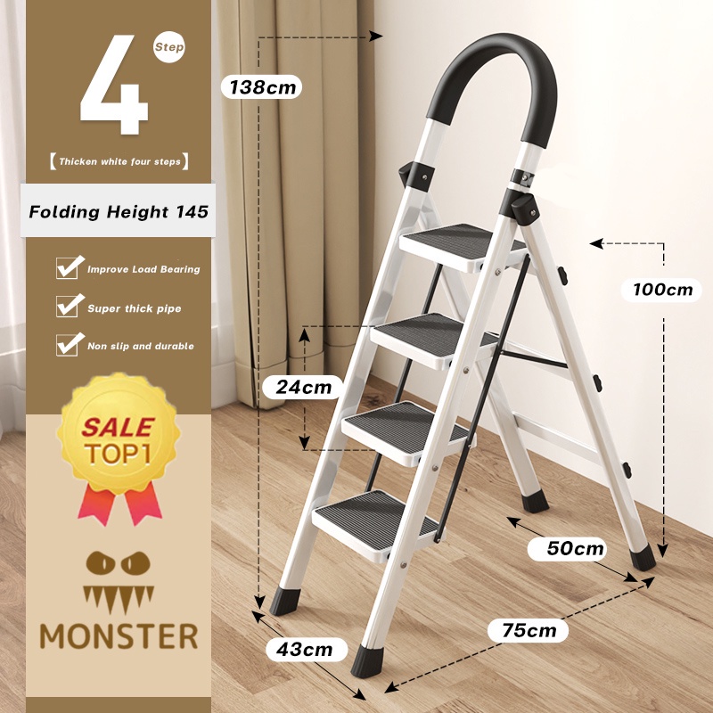 Ladder 4 Steps Metal Folding Ladder Household Steel Ladder Stepping Foldable Portable Ladder ...
