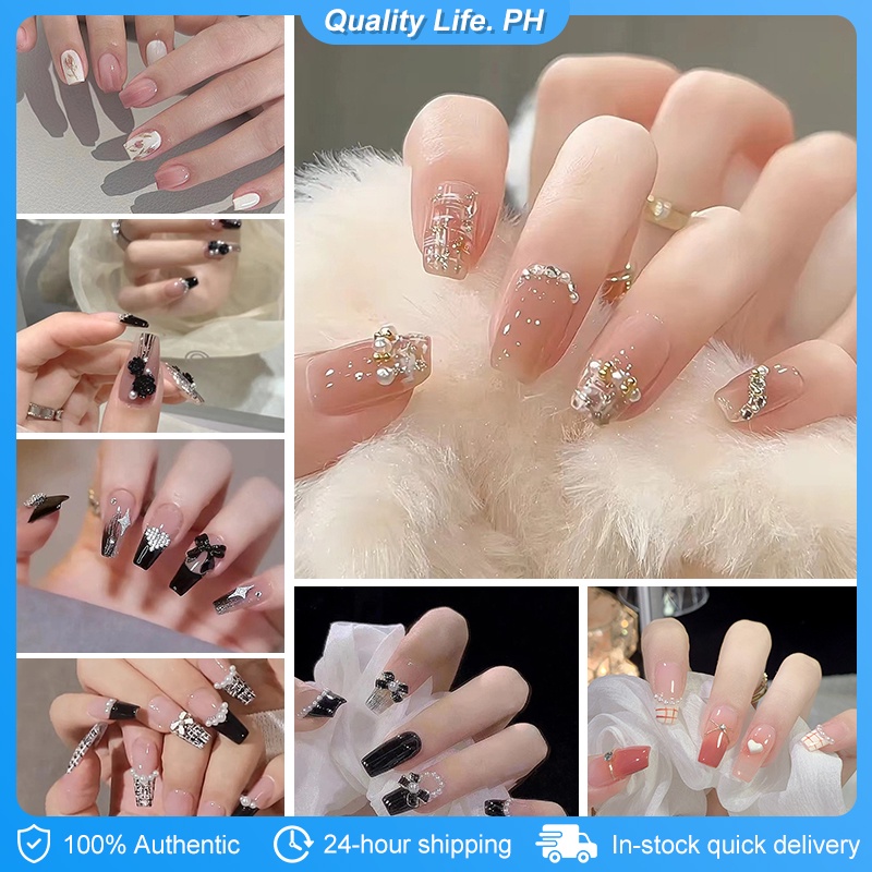 24pcs Fake Nails Set with Glue Rhinestone Artificial Fake Nails Set ...