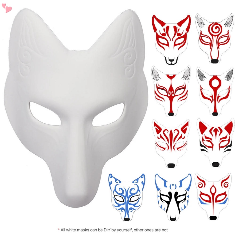 Halloween Fox Mask Costume DIY Blank Mask Japanese Kabuki Kitsune Masks ...