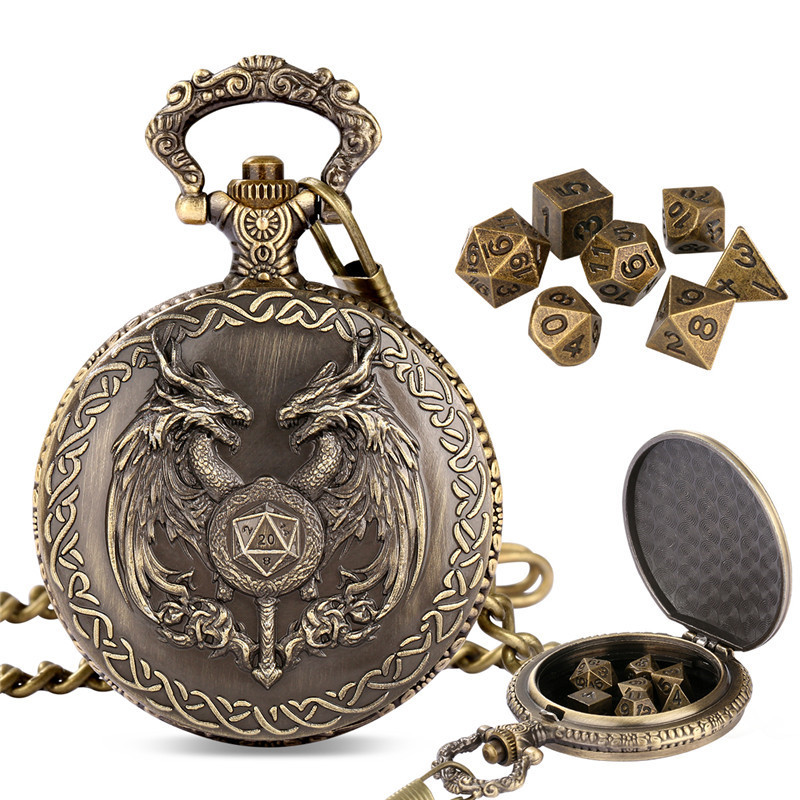 Retro Double Dragon Head D20 Pocket Watch FOB Chain with 7 X Tiny Metal ...
