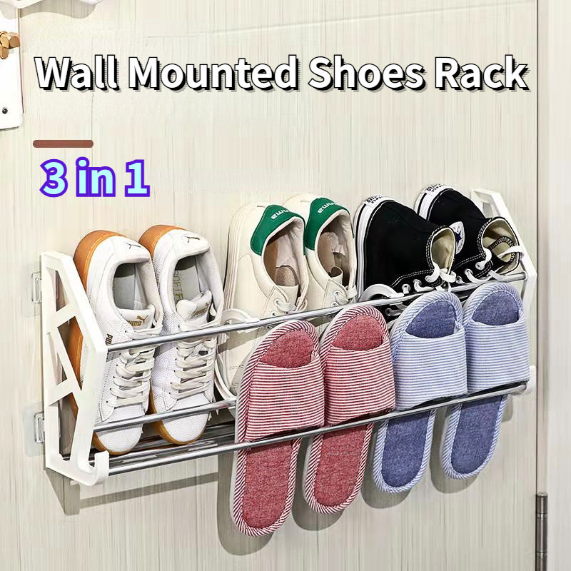 Black Shoe Rack Wall Mounted Hanging Shoe Storage Multifunction Slipper ...