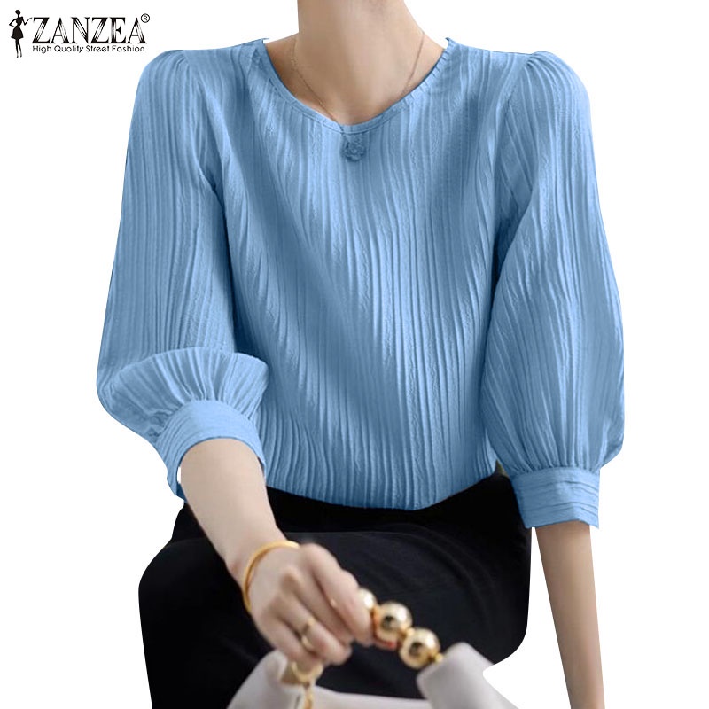 ZANZEA Women Korean Lantern Sleeve Textured Crew Neck Pleated Plain ...
