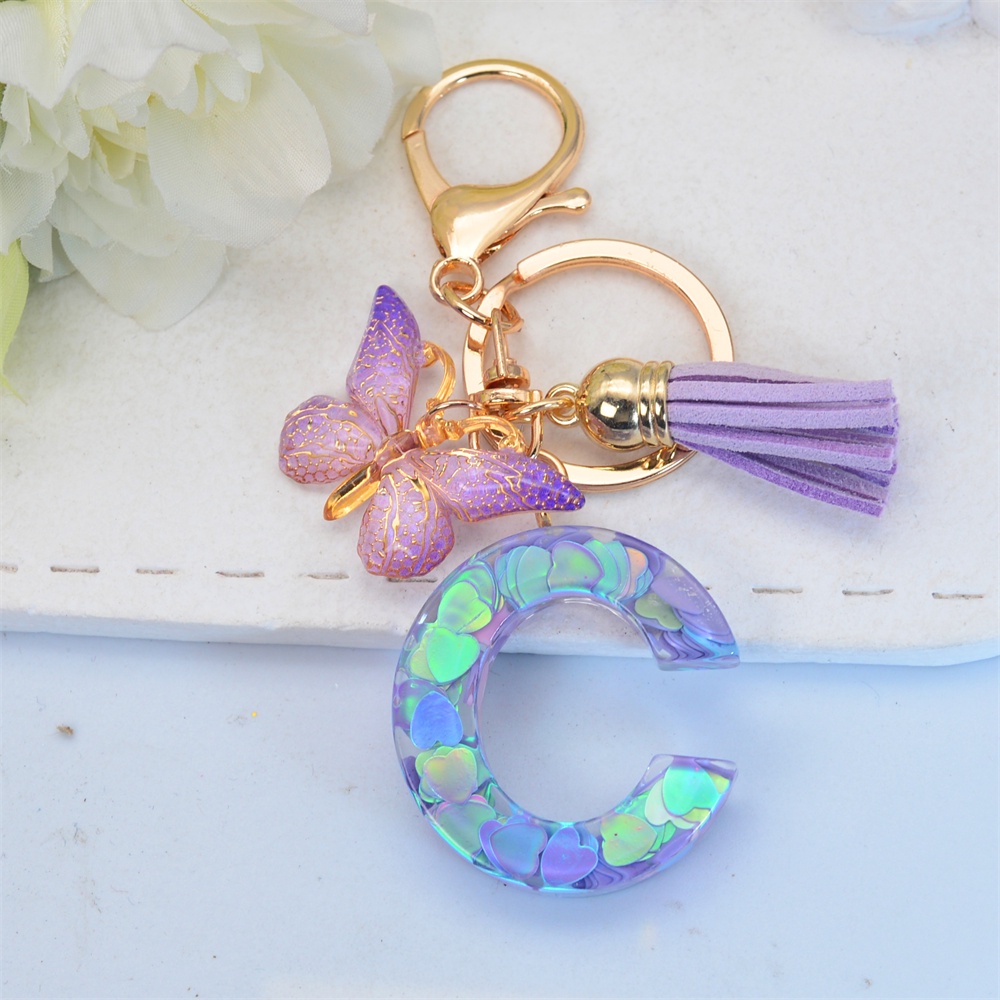 Purple Sequin Filled Name Keychain Butterfly Tassel 26 Alphabet ...