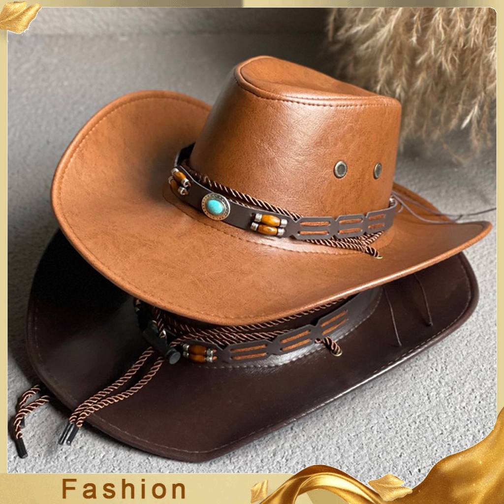 CFW_ Retro Ethnic Style Belt Decor Faux Leather Western Cowboy Hat Women Men Vintage Gentleman ...