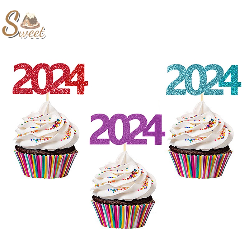 Sweethouse 10Pcs 2024 Cake Topper New Year 2024 Toothpick Happy New ...