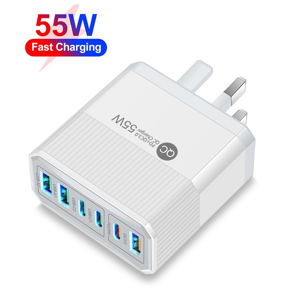 Multiple 6 Ports Phone Charger USB PD 55W Fast Charging QC3.0 Type C ...
