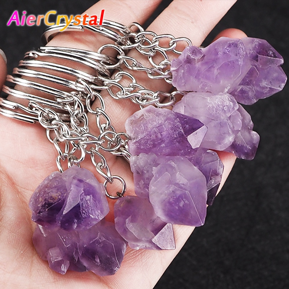 Natural Amethyst Flower Keychains Irregular Reiki Healing Rough Crystal ...
