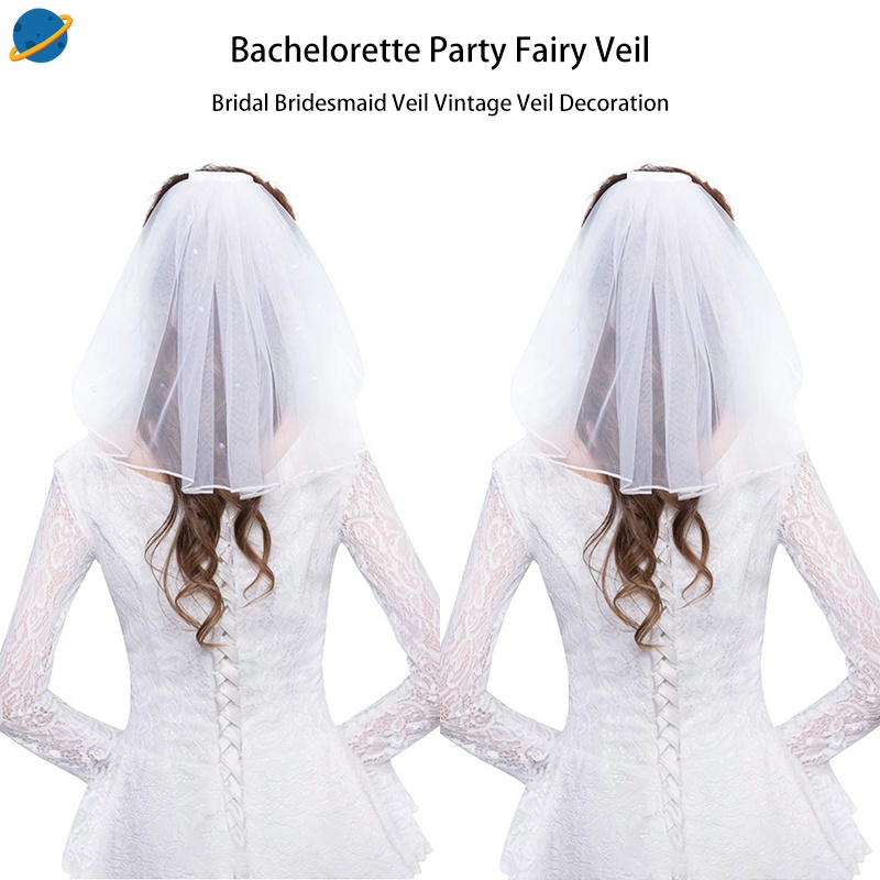 Tulle wedding veil white ribbon edge rhinestone fake pearl short bridal ...