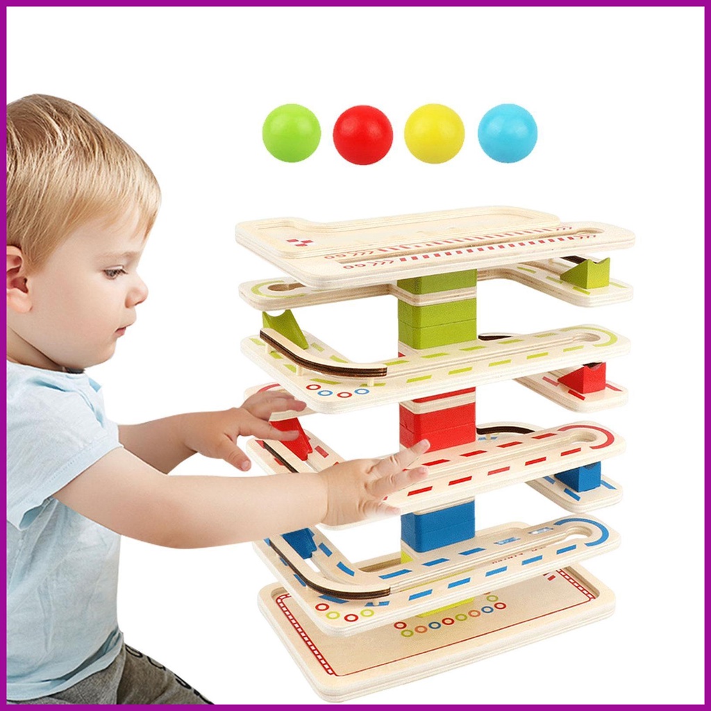 Wooden Ball Run Toy Ball Drop and Roll Tower with 8-Tier and 4 Balls ...