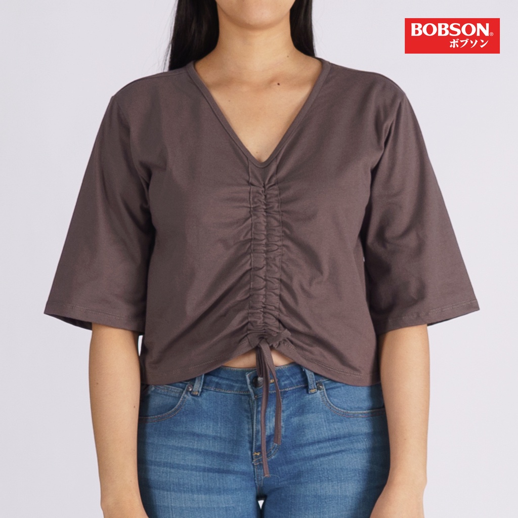 Bobson Japanese Ladies Basic V Neck Tees with Adjustable Front String Boxy Fit 142011 (Pavement ...