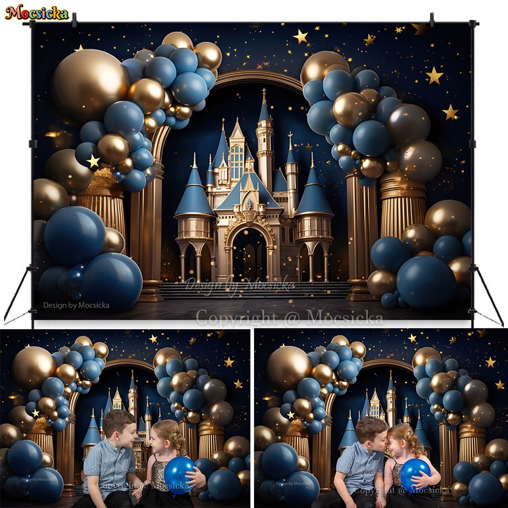 Blue Castle Backdrops Princess Children 1st Birthday Party Star Balloon ...