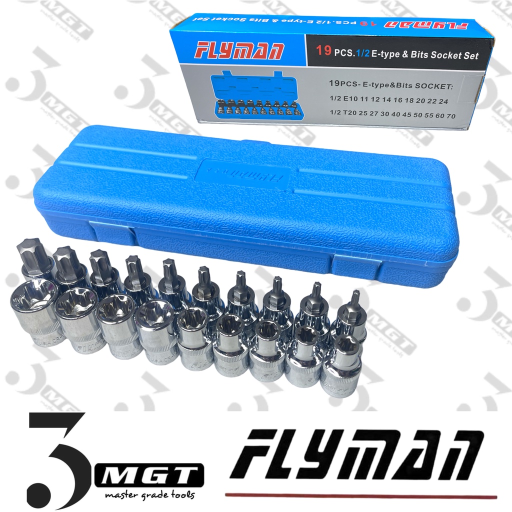 FLYMAN 19Ppcs 1/2 Drive E-Type Bits & Socket Set Allen Torx / Socket ...