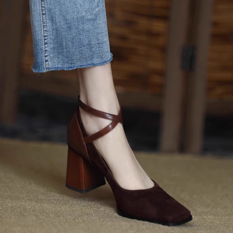 Square head thick heel high-heeled shoes cross buckle | Shopee Philippines