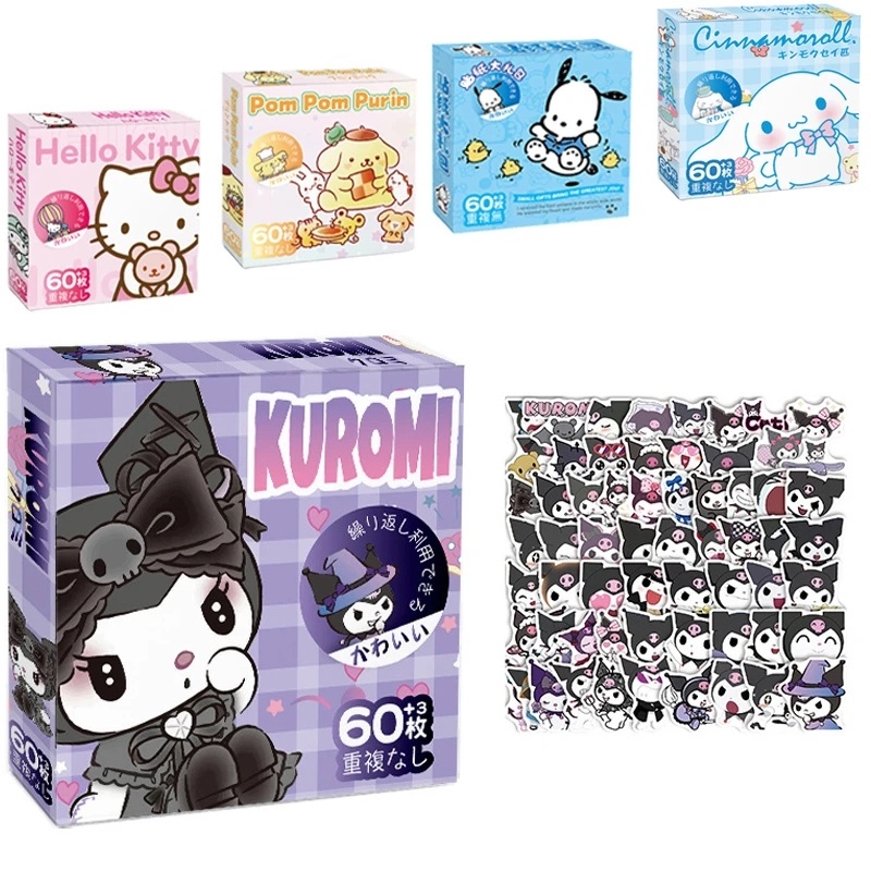 60pcs Set Sanrio Sticker Box Kuromi Melody Hello Kitty Cinnamon Pom Pom