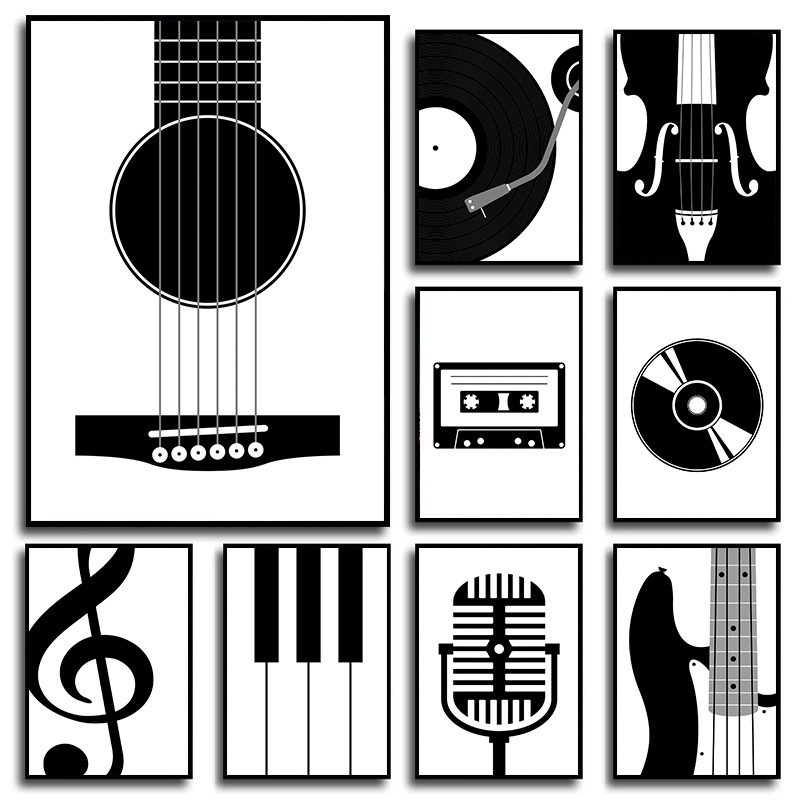 Black and White Minimalist Guitar Record Player Microphone Canvas ...