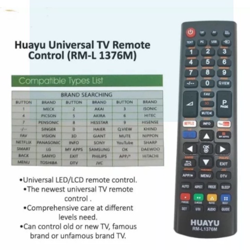 UNIVERSAL Pensonic RM-L1376M LED/LCD/ TV REMOTE CONTROLLER (HUAYU) RM-L1376M can work with ...