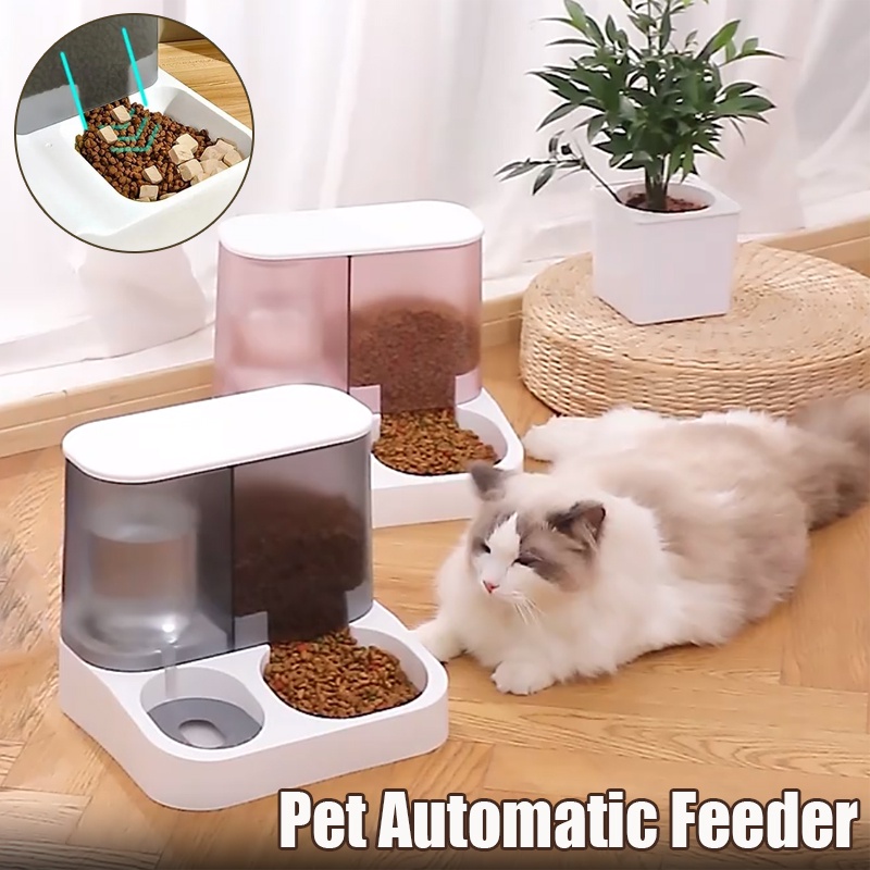 Pet Cat Food Automatic Dispenser Cat Dog Double Bowl Food Water Feeder ...