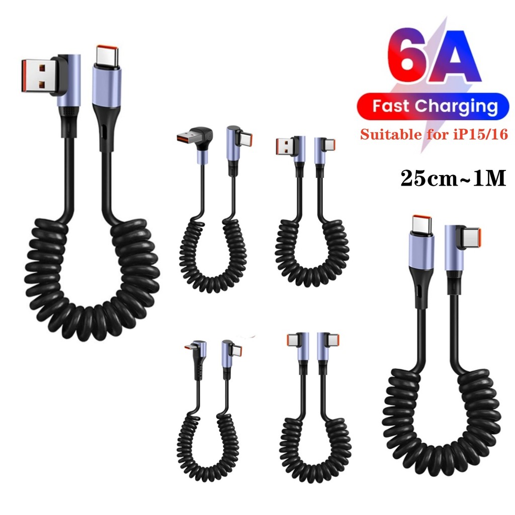 66W Short Spring Data Cable Elbow 6A USB Type C Super Fast Charging ...