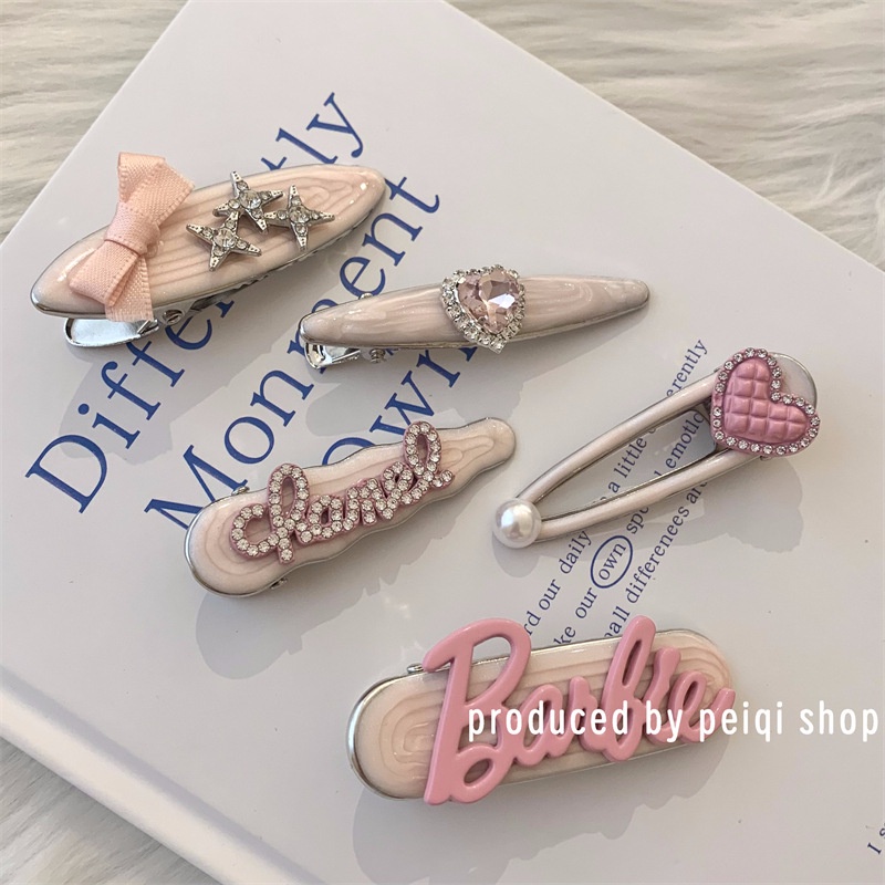 Pink Girl Barbie Letter Drip Rhinestone Hairpin Love Heart Bow Tie ...