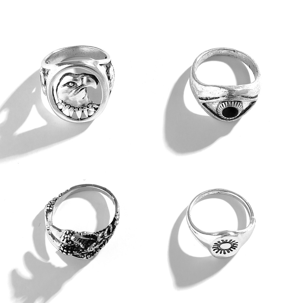 4pcs/set Vintage Antique Silver Eagle Head Eye Ring Set for Men Niche ...