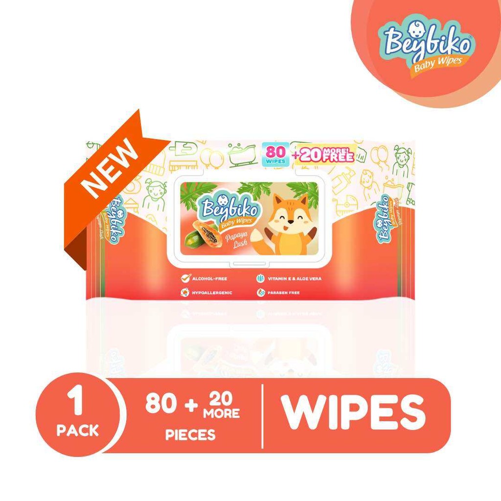 Beybiko Baby Wipes Papaya Lush 80 sheets + 20 sheets free X 1 Pack ...