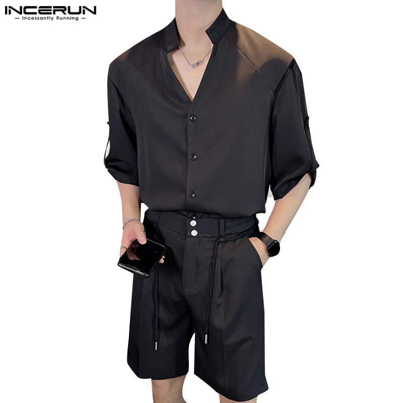 INCERUN Men's Fashion Solid V-Neck Two Piece Set | Shopee Philippines
