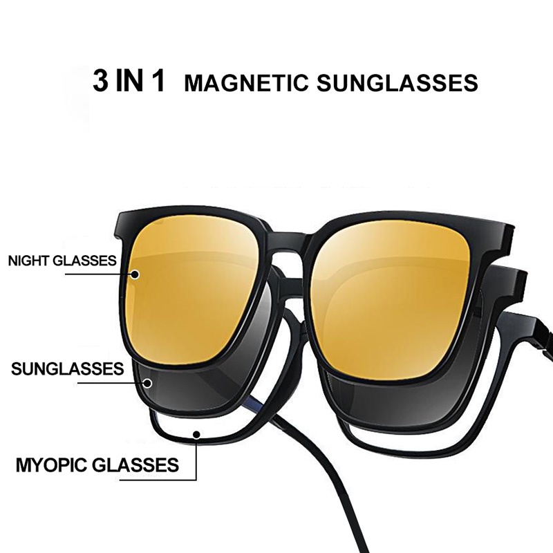 3 IN 1 Magnetic Glasses Trendy Square Spectacles Driving Sunglasses ...