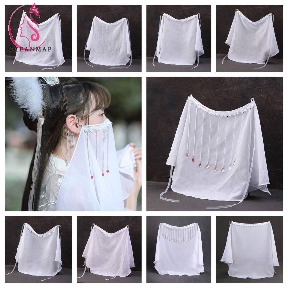OCEANMAP Hanfu Face Veil, Ancient Headwear Crystal Face Covering Gauze ...