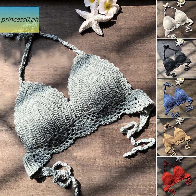 Princes Women Bikini Crop Top Crochet Boho Bralette Halter Cami Knitted