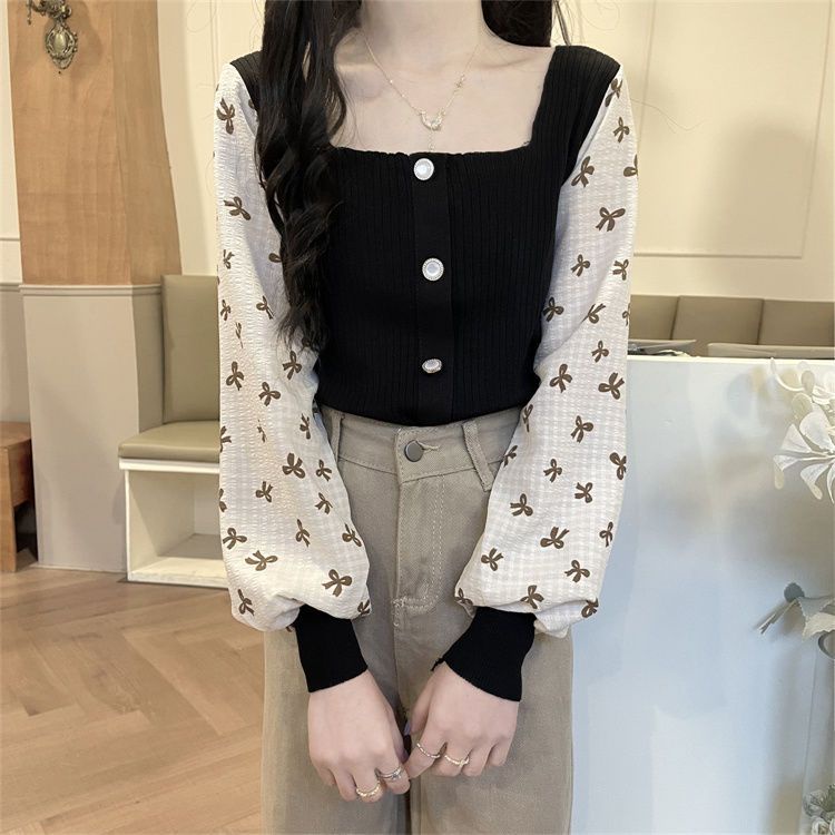 New French Niche Square Neck Stitching Fake Two-Piece Short Knitted ...