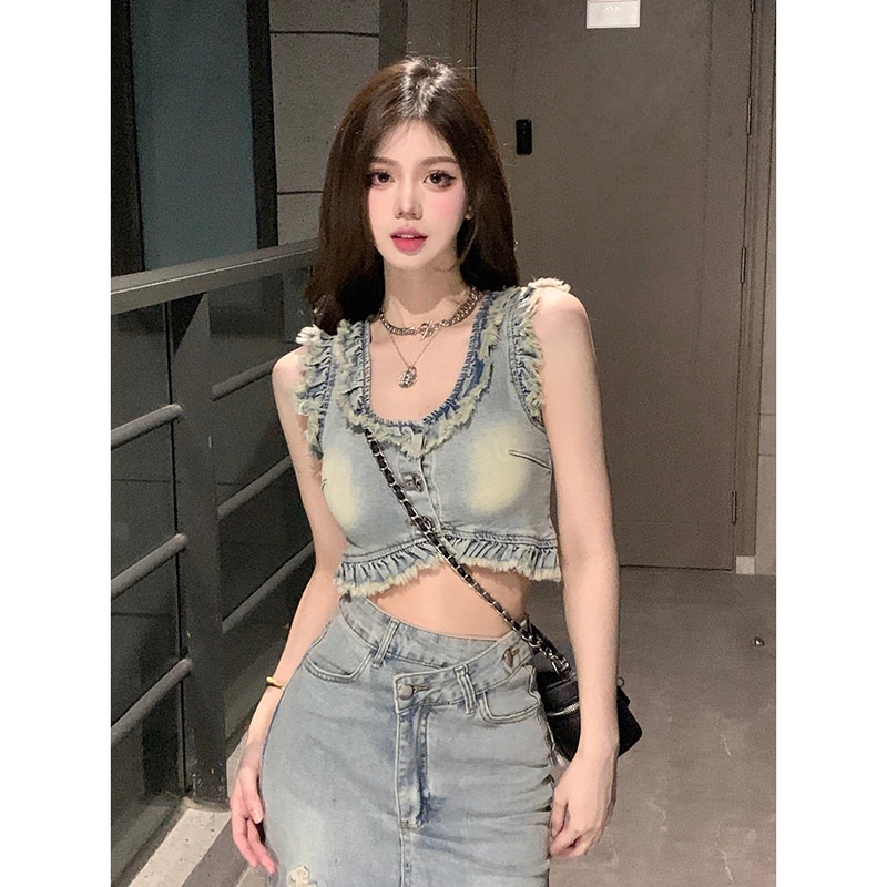 Sweet Hot Girl Woolen Short Denim Vest Top High Waist Irregular Split