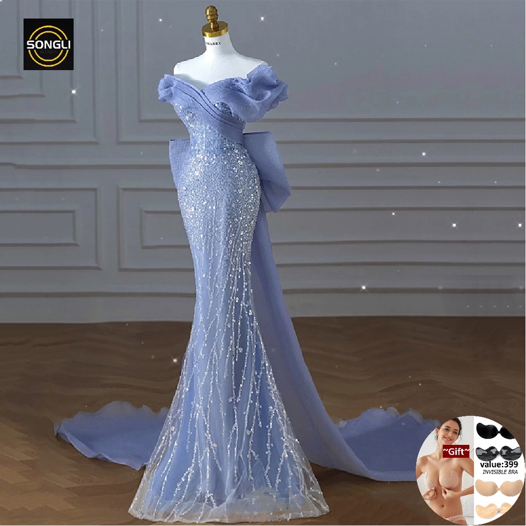 Blue Off Shoulder Fishtail Evening Dress Ball Gown 2023 New Haze Blue ...